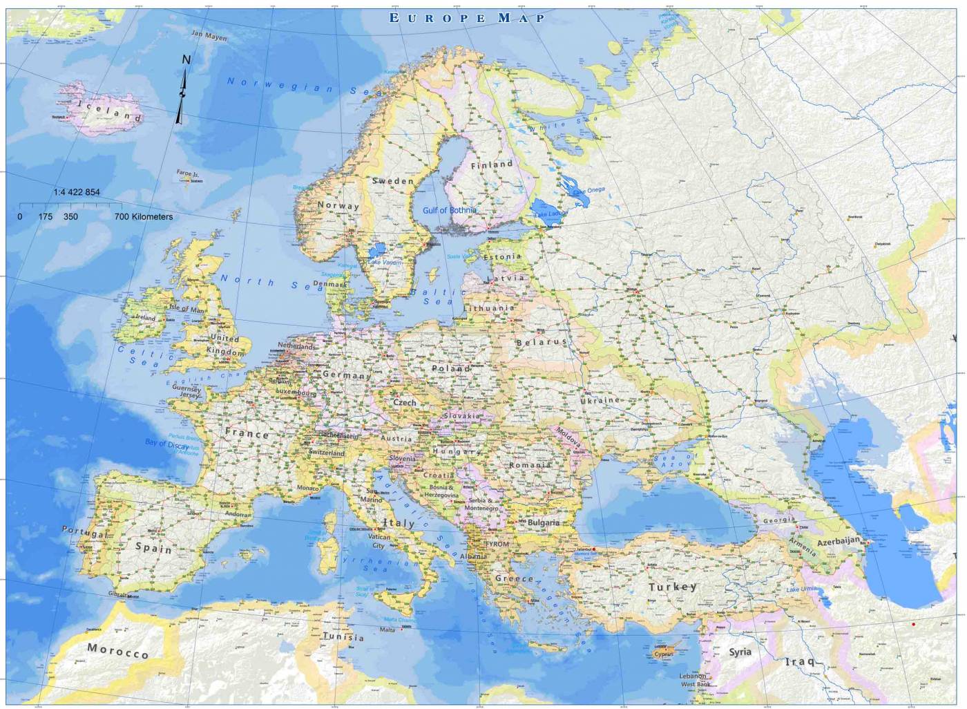 Χάρτης Ευρώπης αναλυτικός με οδικό δίκτυο